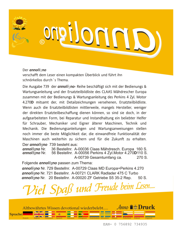 CLAAS Mähdrescher Typ Europa & Perkins Diesel Motor Typ 4.270D Bild ...
